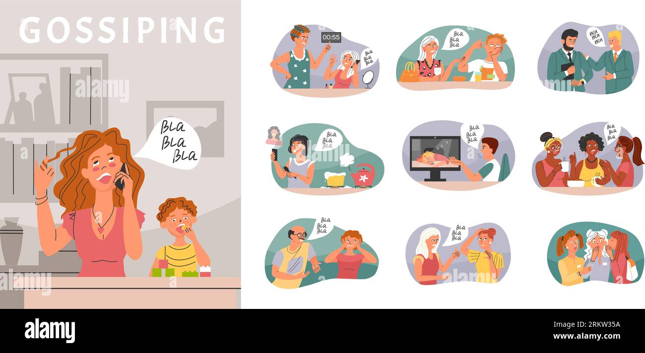 Bla meme composition with gossiping and advice symbols flat isolated ...