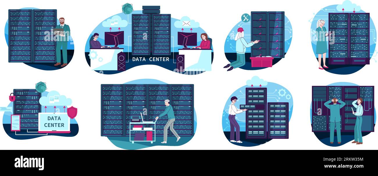 Data center icons set with digital security symbols flat isolated ...