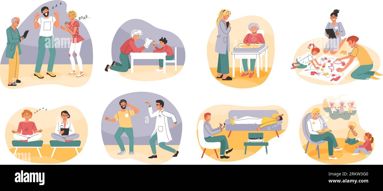 Art therapy icons set with psychology symbols flat isolated vector ...