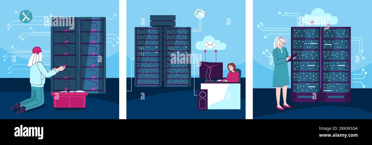 Data center set with technology symbols flat isolated vector ...