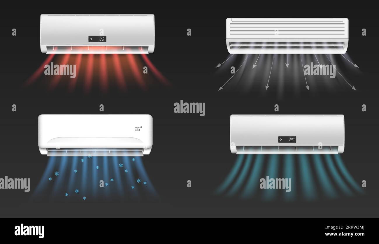 Realistic set of air conditioners blowing cold and hot air isolated on ...