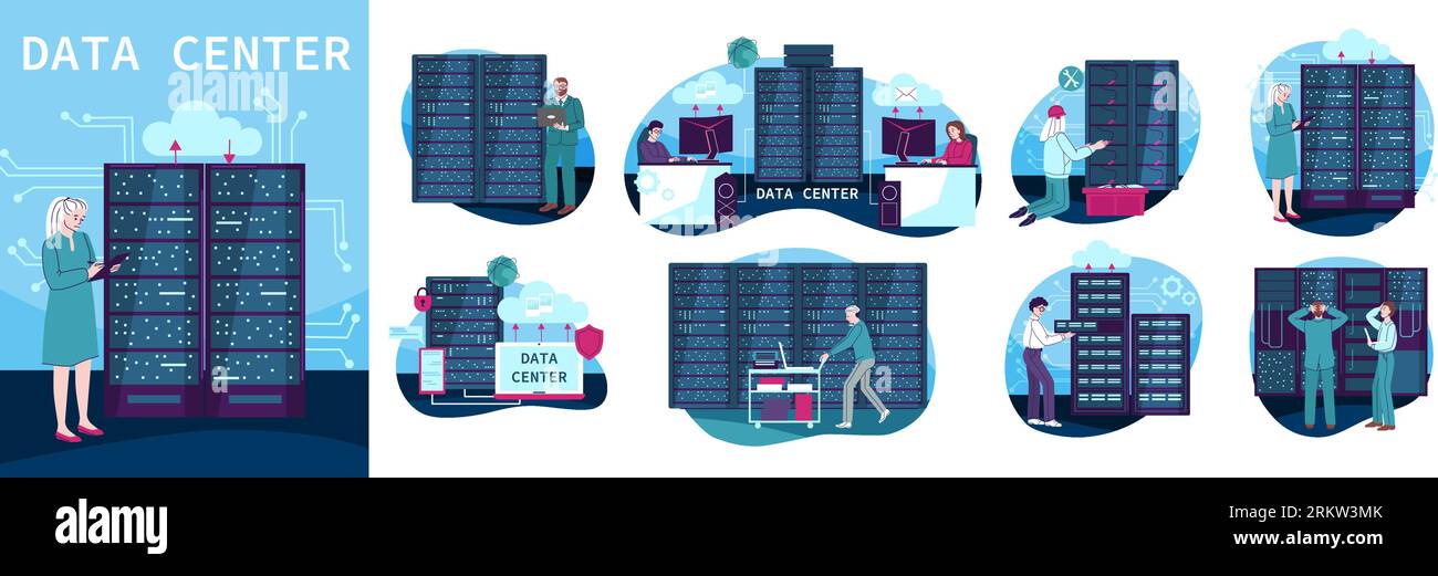 Data center composition with network equipment symbols flat isolated ...