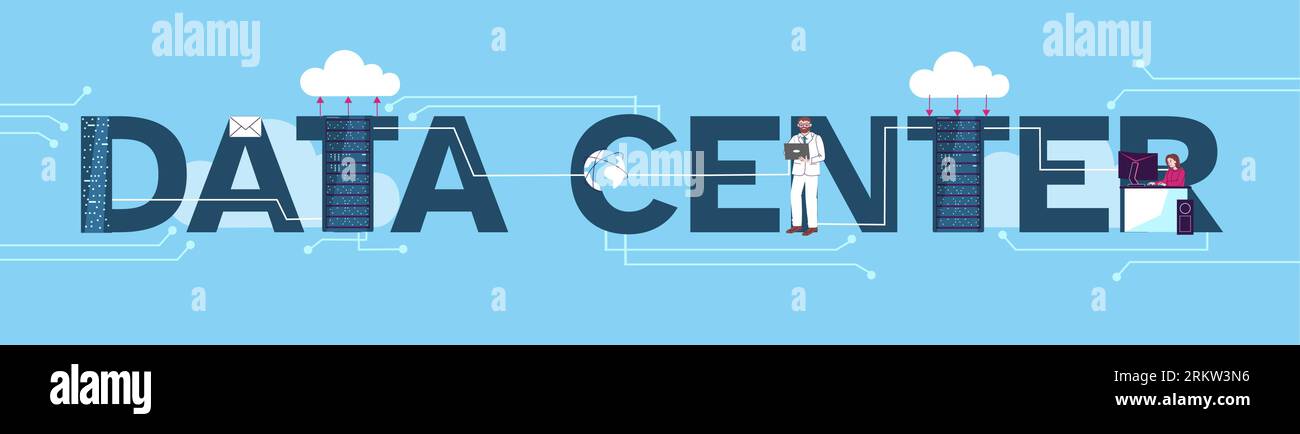 Data center text concept with source and server symbols flat vector ...