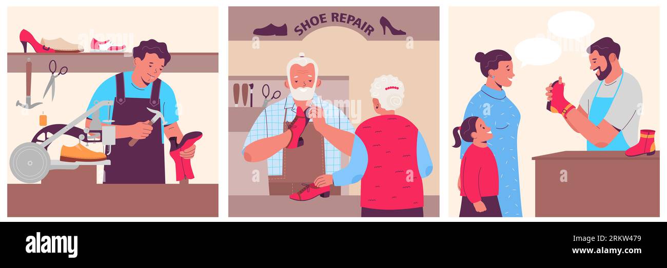 Three shoe repair flat illustration set with masters repairs shoes or ...