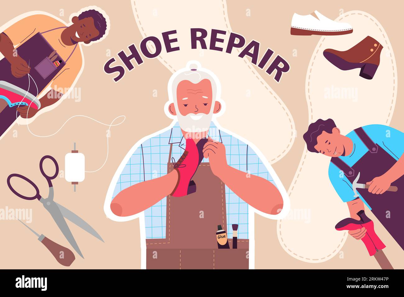 Shoe repair flat collage composition with isolated colored tools shoes ...