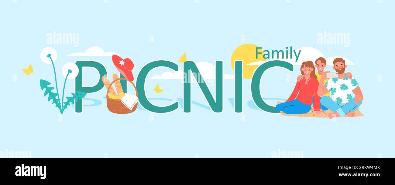 Picnic flat text banner with happy family taking selfie and basket with ...