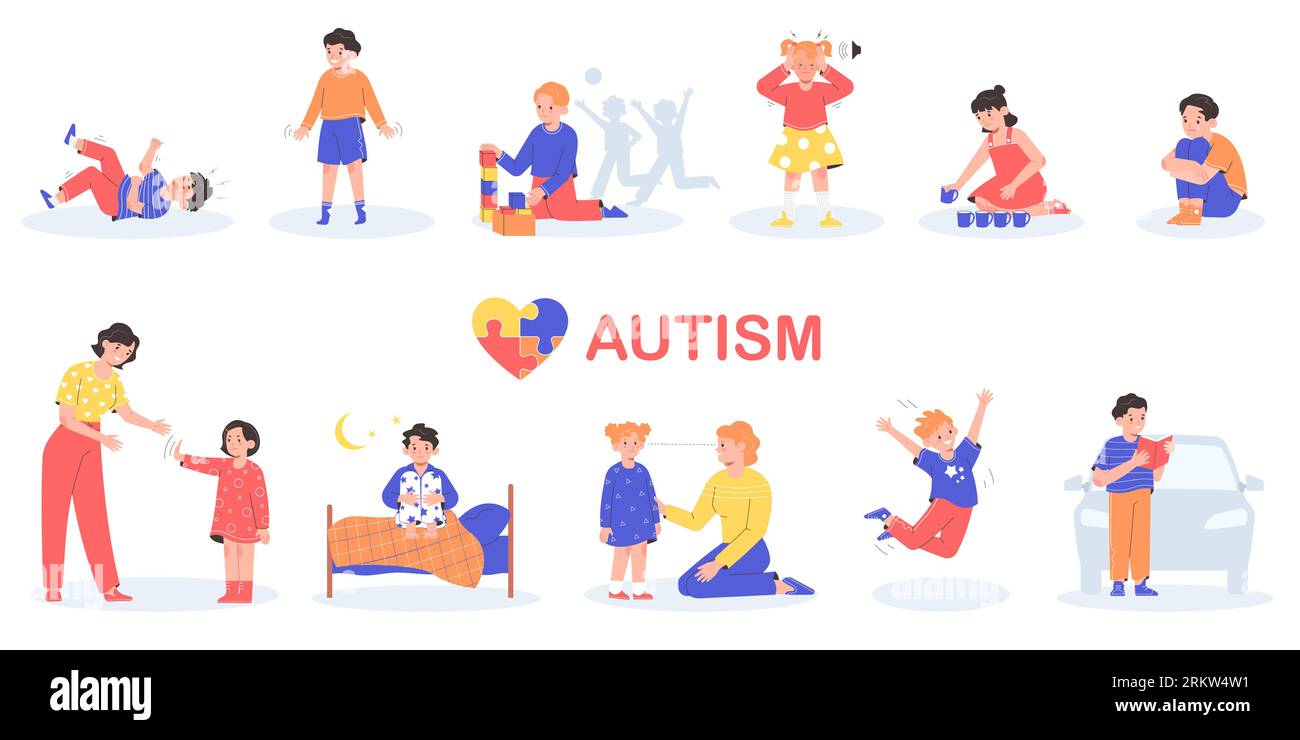 Autism flat set of children suffering from autistic spectrum disorder isolated vector ...