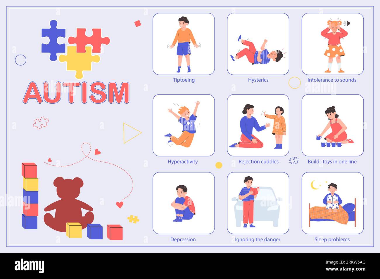 Signs of autism flat infographic with children having sleep problems ...
