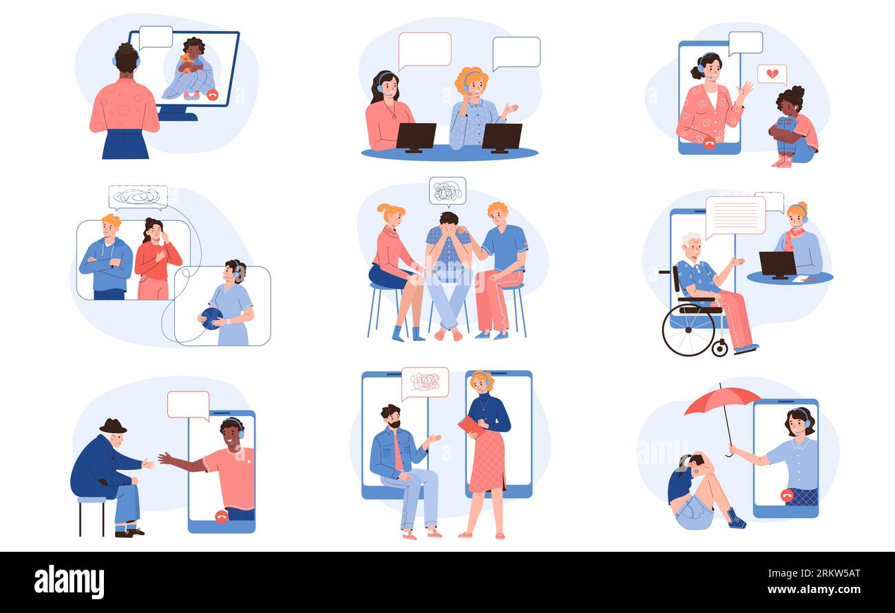 Psychological support flat set with people of different ages ...