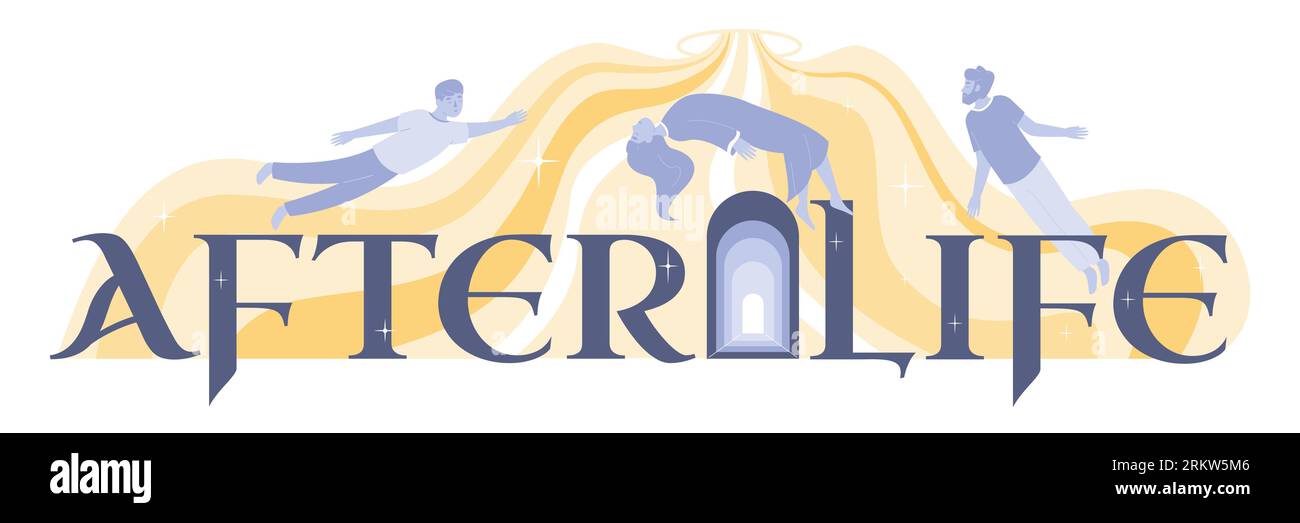 Afterlife death flat composition with ornate text light rays and flying ...