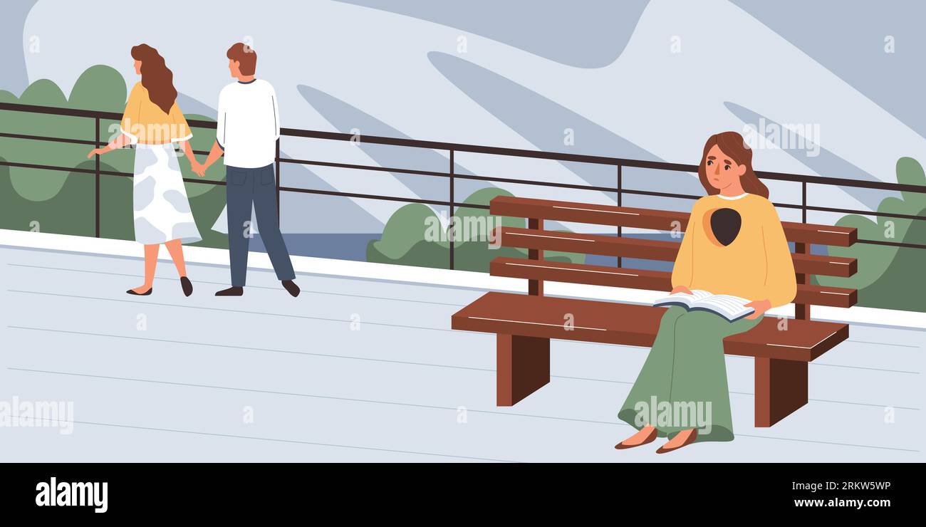 Loneliness solitude flat infographics with outdoor scenery and loving ...