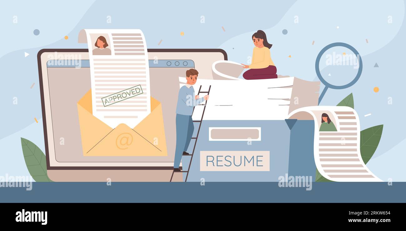 Resume cv job flat composition with doodle human characters stack of ...