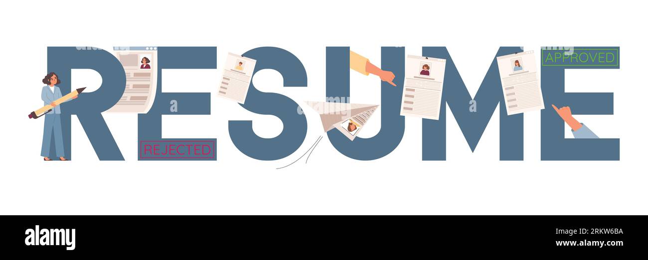 Resume cv job composition with flat isolated text with woman and paper ...