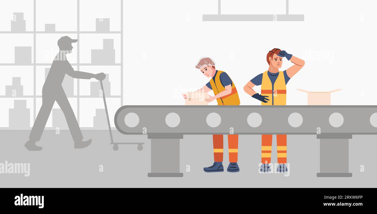 Tired sweating factory workers in uniform working on conveyor line flat ...
