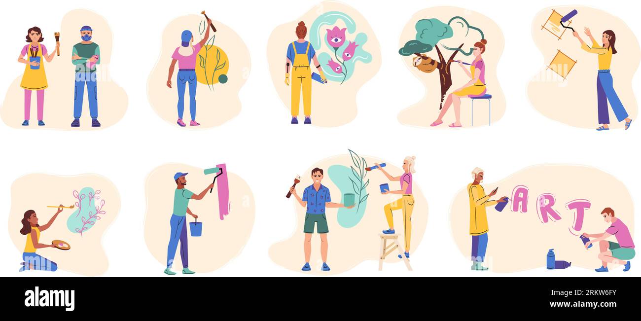 Mural artist flat set of isolated icons with characters of young people ...