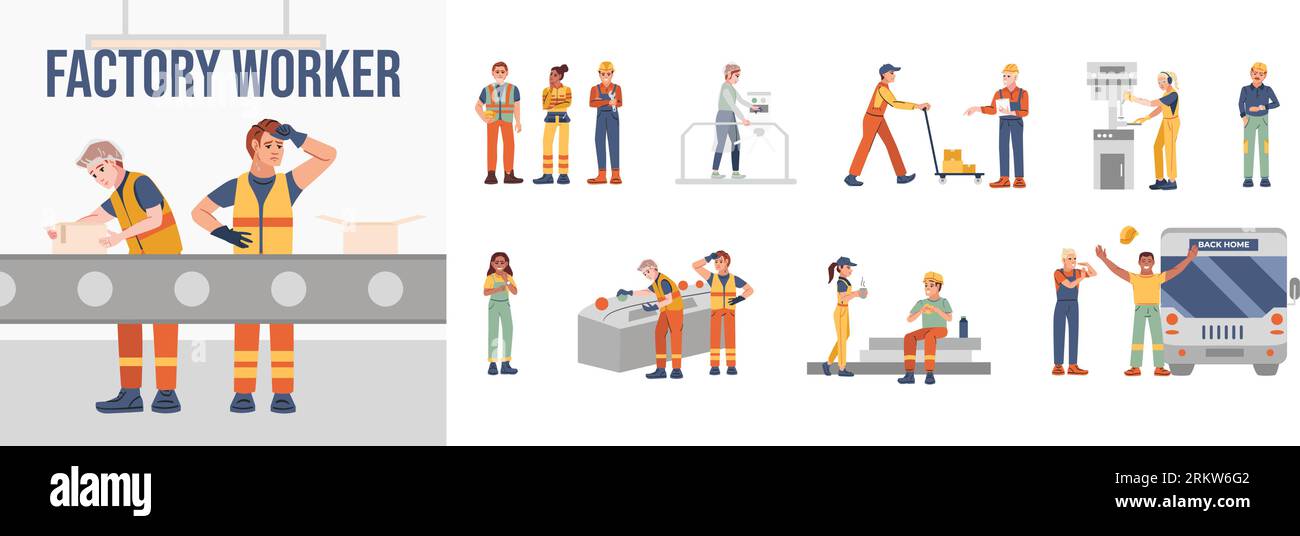 Flat composition set of factory workers during their working day ...