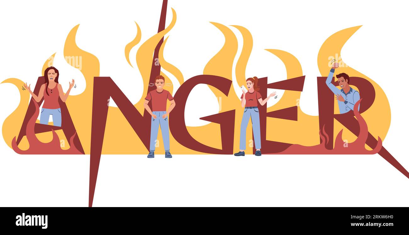 Angry people flat composition of ornate text with flame shapes doodle ...