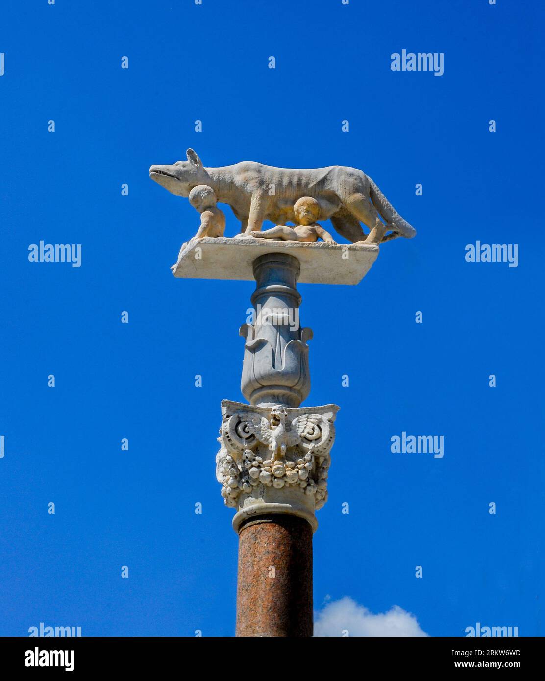 Roman she-wolf in Siena with Romulus and Remus on column.Tuscany, Italy ...