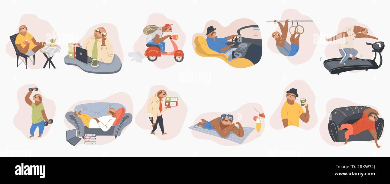 Set of isolated sloth laziness concept compositions with flat ...