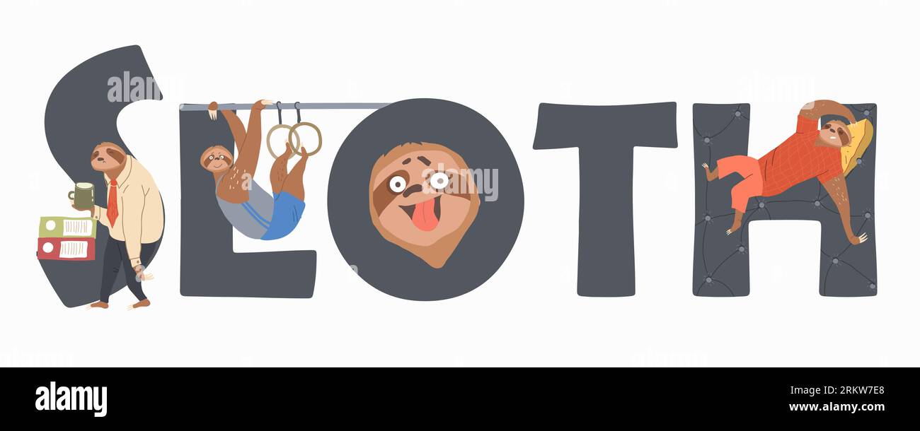 Sloth laziness concept flat composition with ornate text and doodle ...