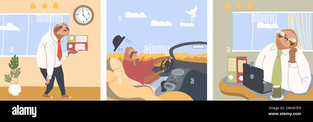 Sloth laziness concept set of three square compositions with indoor and ...