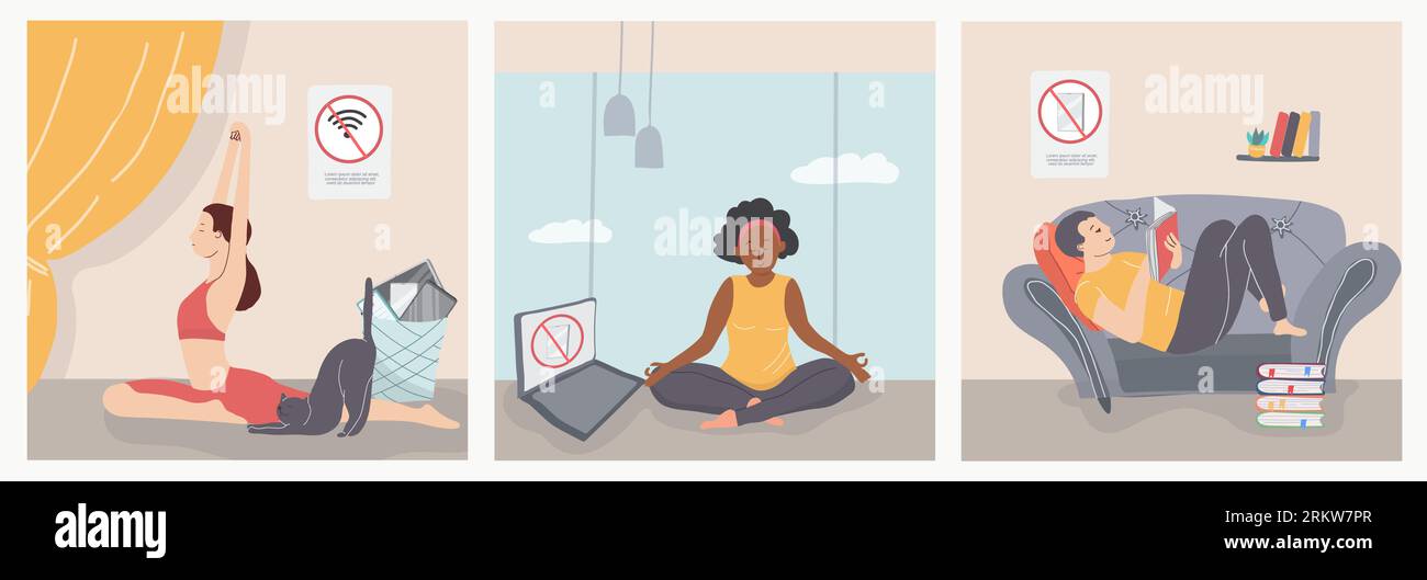 Digital detox flat set with people taking break from using gadgets and ...