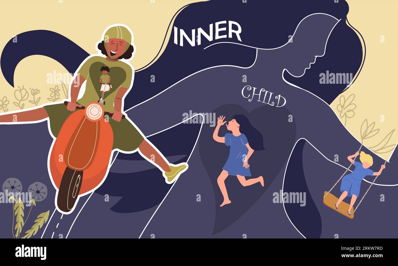 Inner child concept flat collage with happy adult riding motorcycle on ...