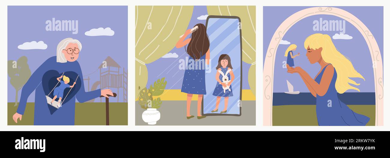 Adult and elderly women and their inner children flat set isolated ...