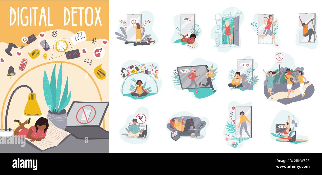 Digital detox composition set of people escaping from internet and ...
