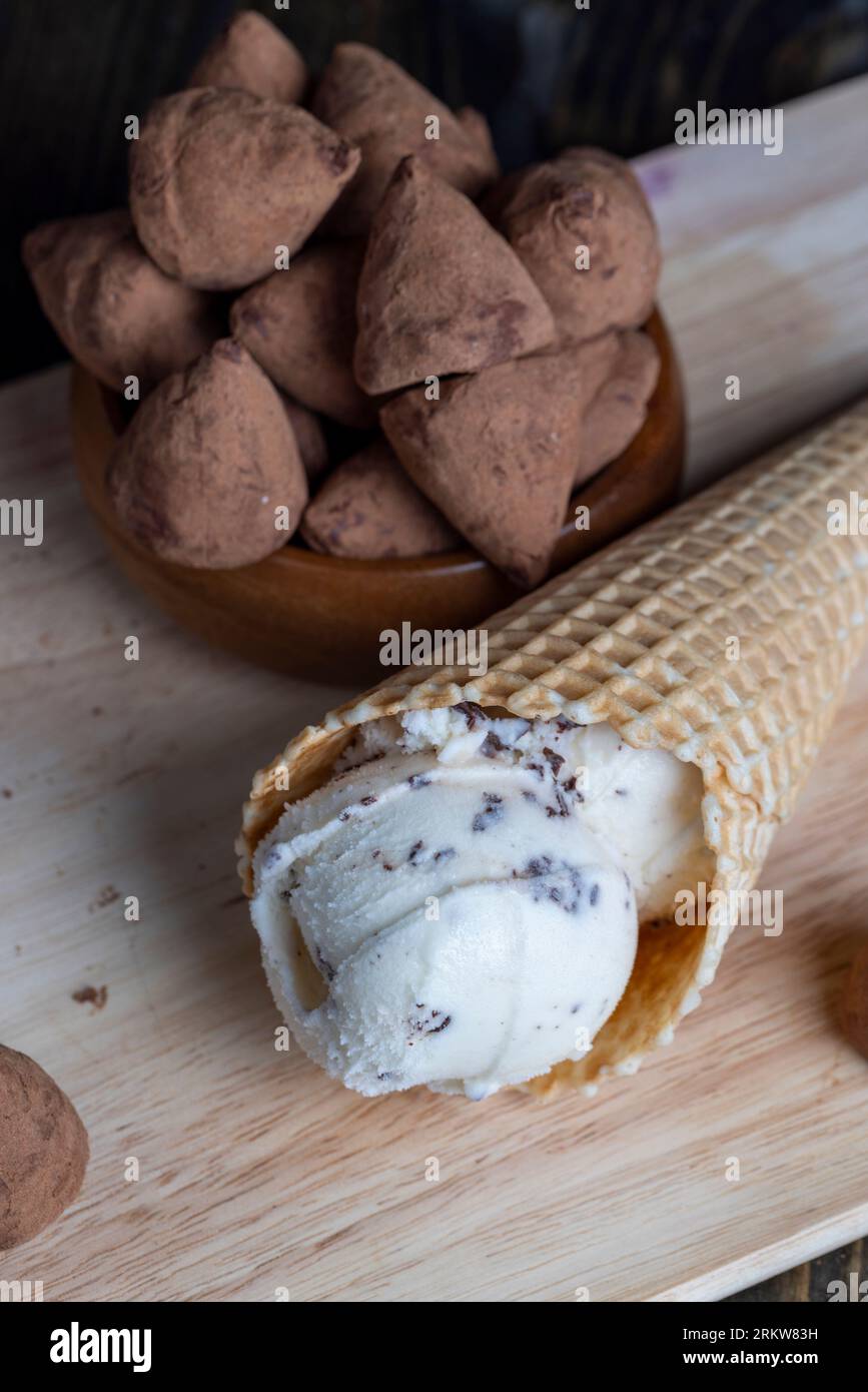Sweet ice cream with chocolate pieces, creamy ice cream with chocolate ...