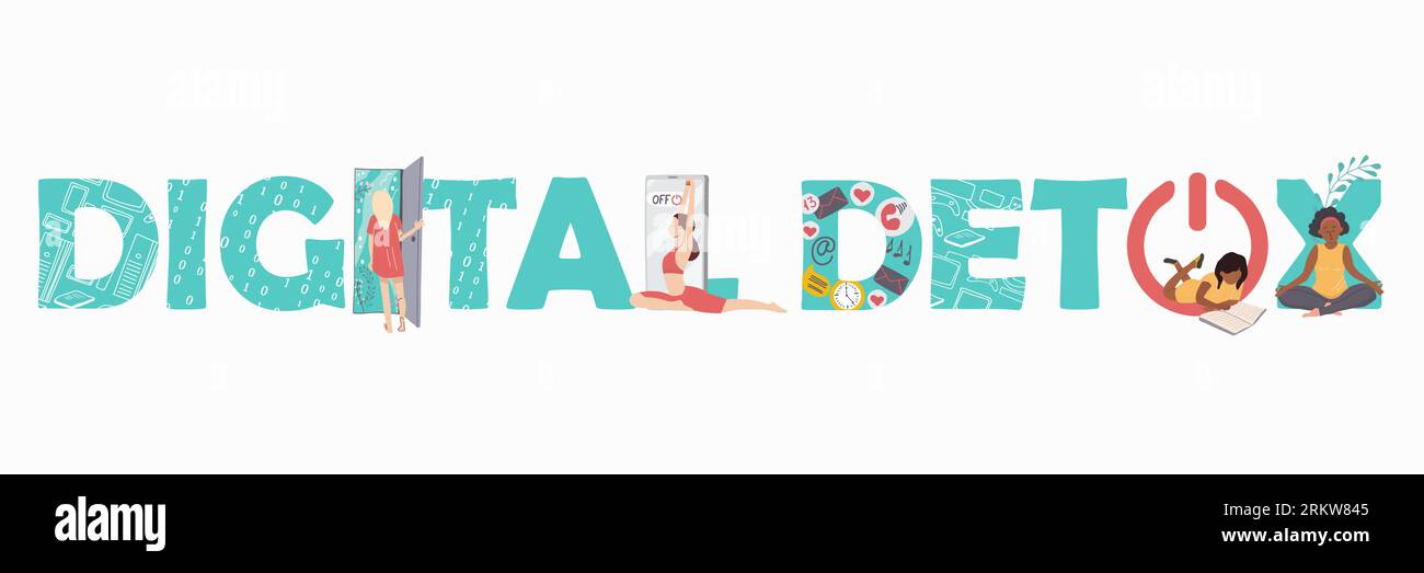 Digital detox text banner with flat human characters disconnecting from ...