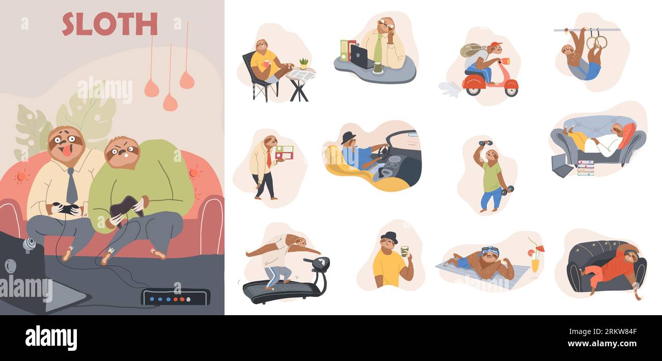 Sloth laziness concept flat composition with sloths family video gaming ...