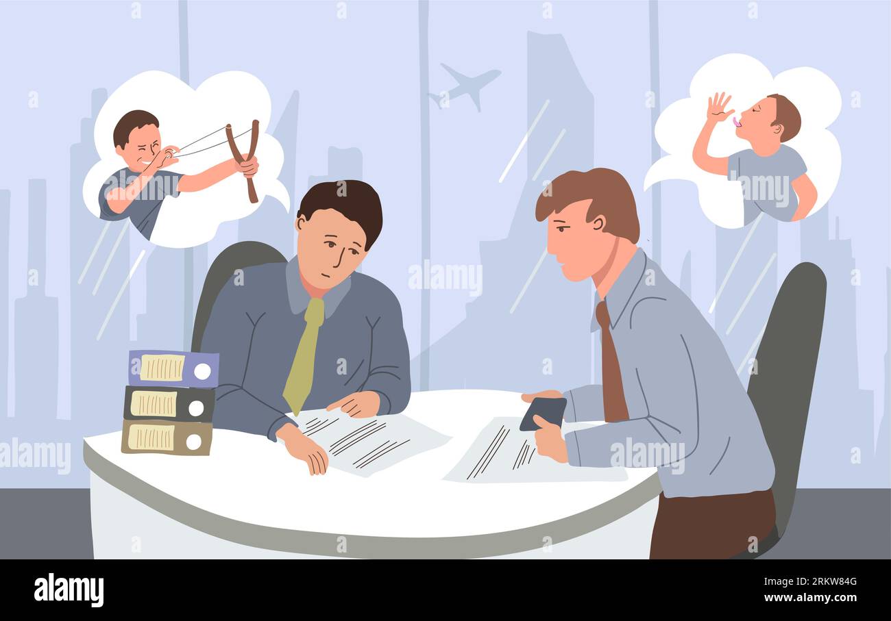 Inner child flat concept with two depressed men at their workplace in ...