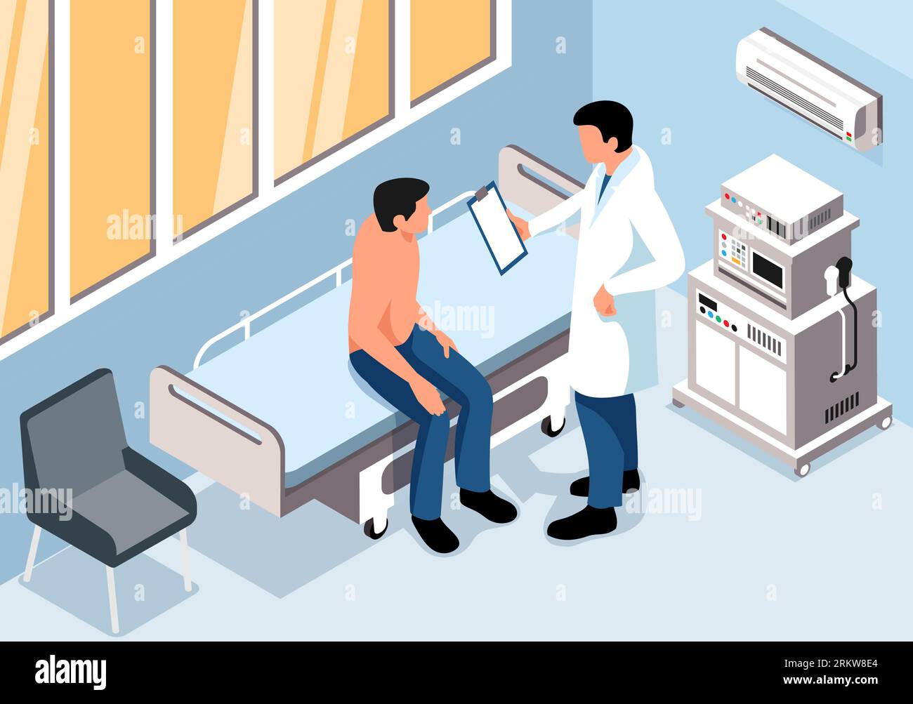 Male patient talking to doctor after medical examination during health ...