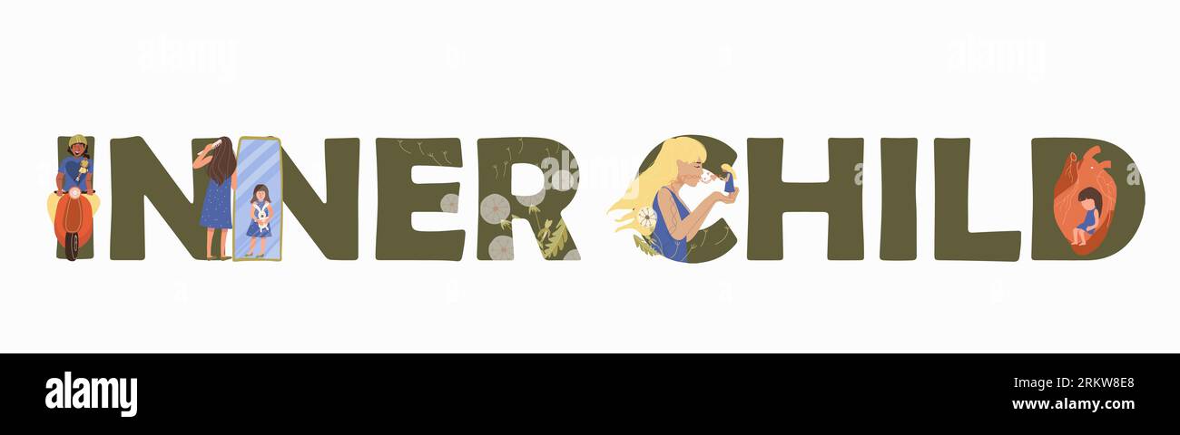 Inner child concept flat text banner with male and female human ...