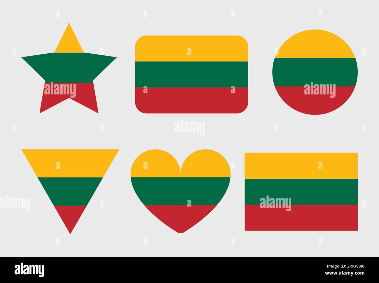 Lithuania flag vector icons set of illustrations in the shape of heart, star, circle and map ...