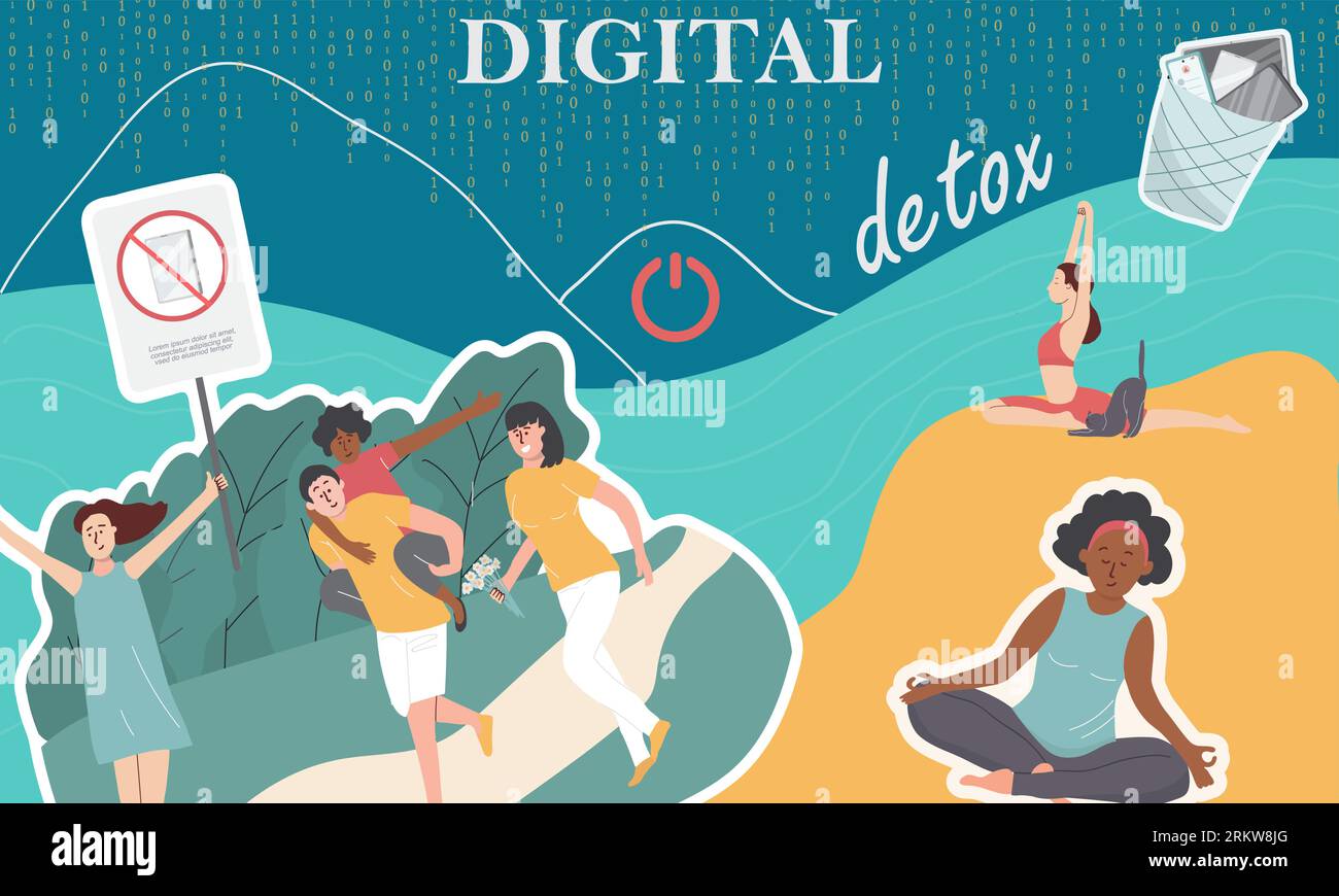 Digital detox flat colorful collage with people walking and relaxing ...