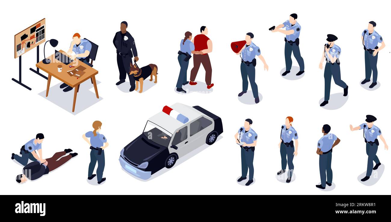 Isometric police set of isolated icons with human characters of ...