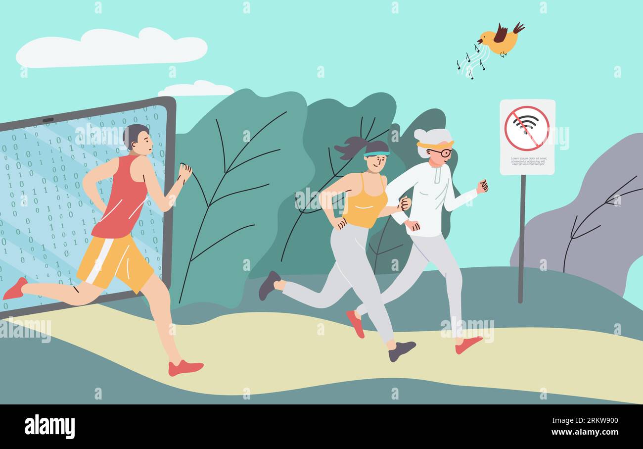 Digital detox flat concept with people escaping from technology ...