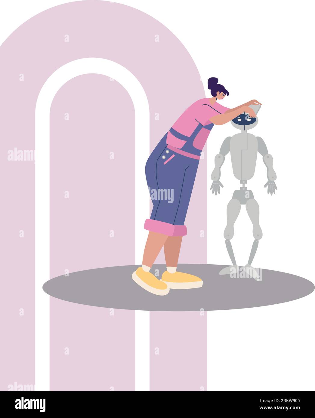 Engineer woman building a robot isolated on white background Stock ...