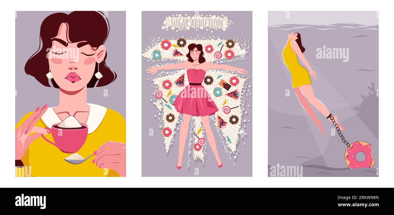 Sugar addiction flat isolated posters set with women chained to sweet ...