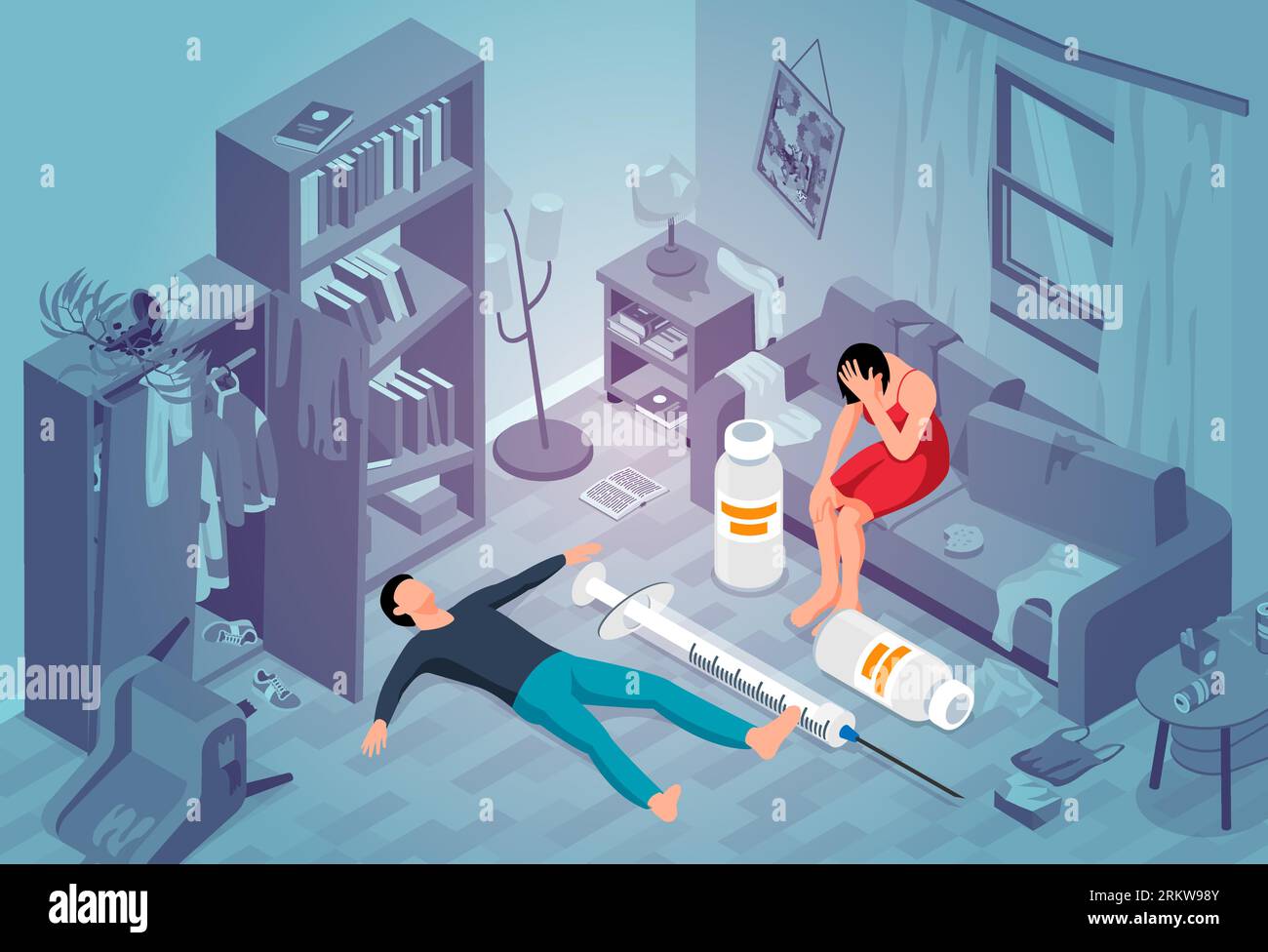 Addiction isometric concept with two drug addict people in messy room ...