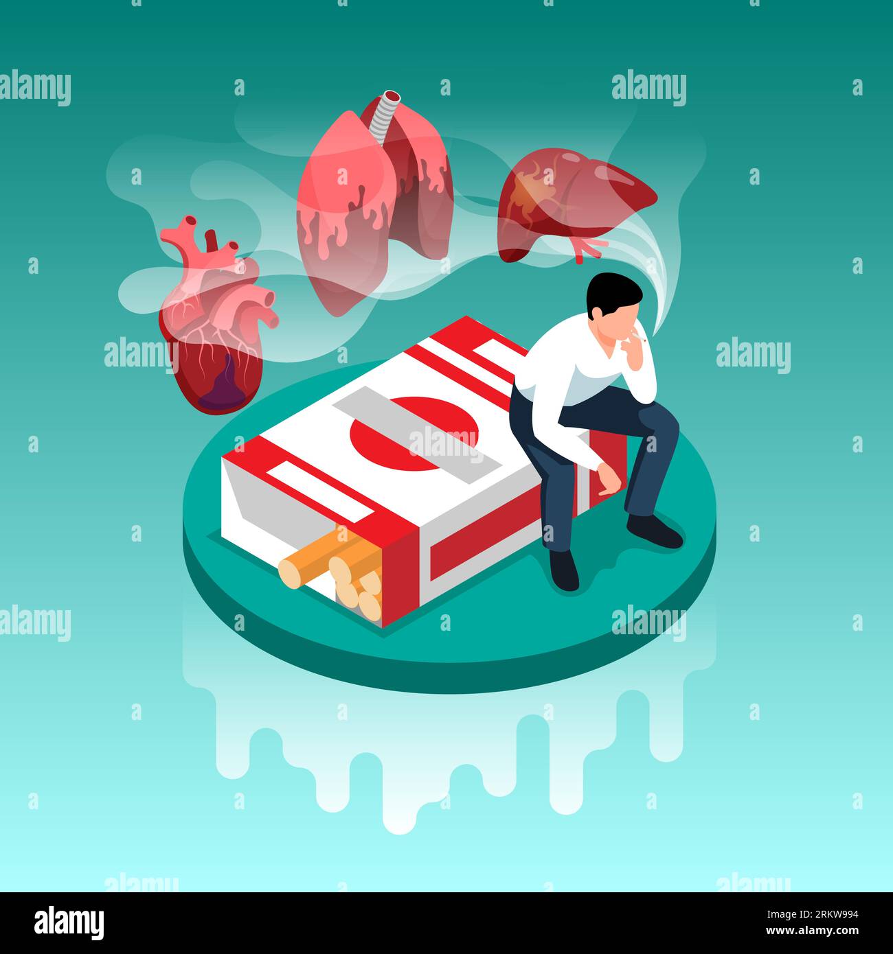 Smoking addiction isometric concept with male smoker and damaged organs ...