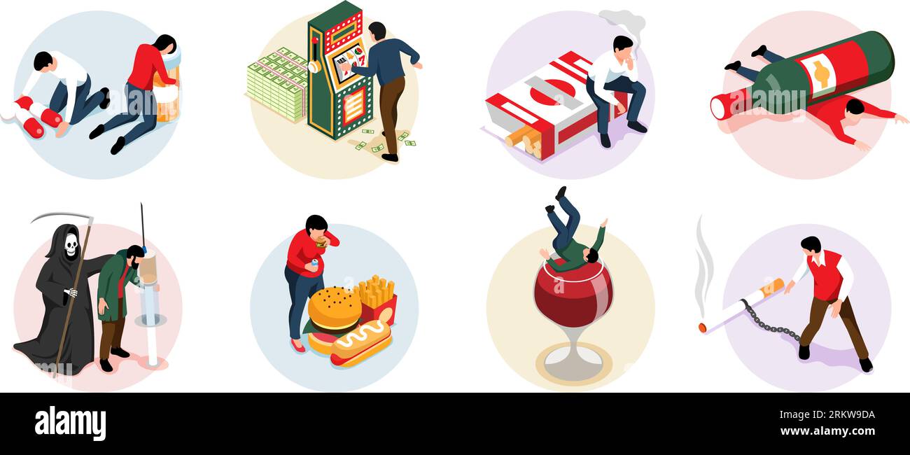 Addictions isometric composition set with people addicted to gambling ...