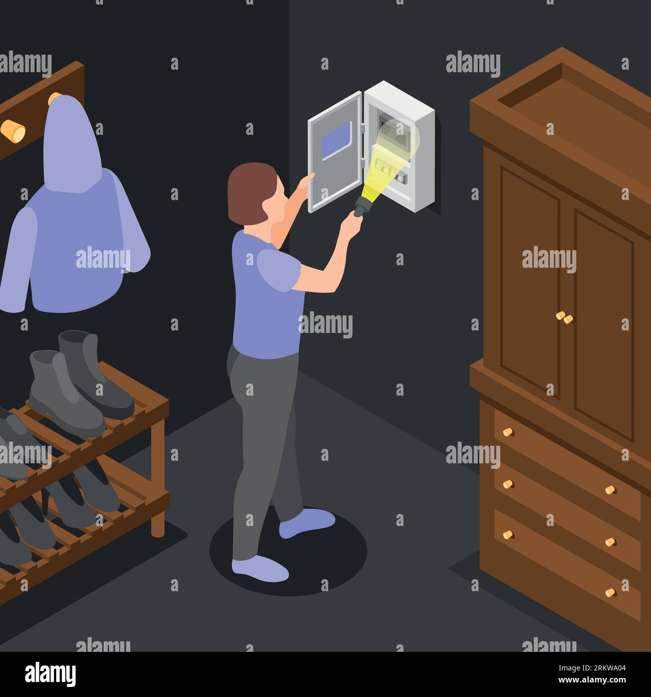 Power outage isometric background with woman checking box with electric ...