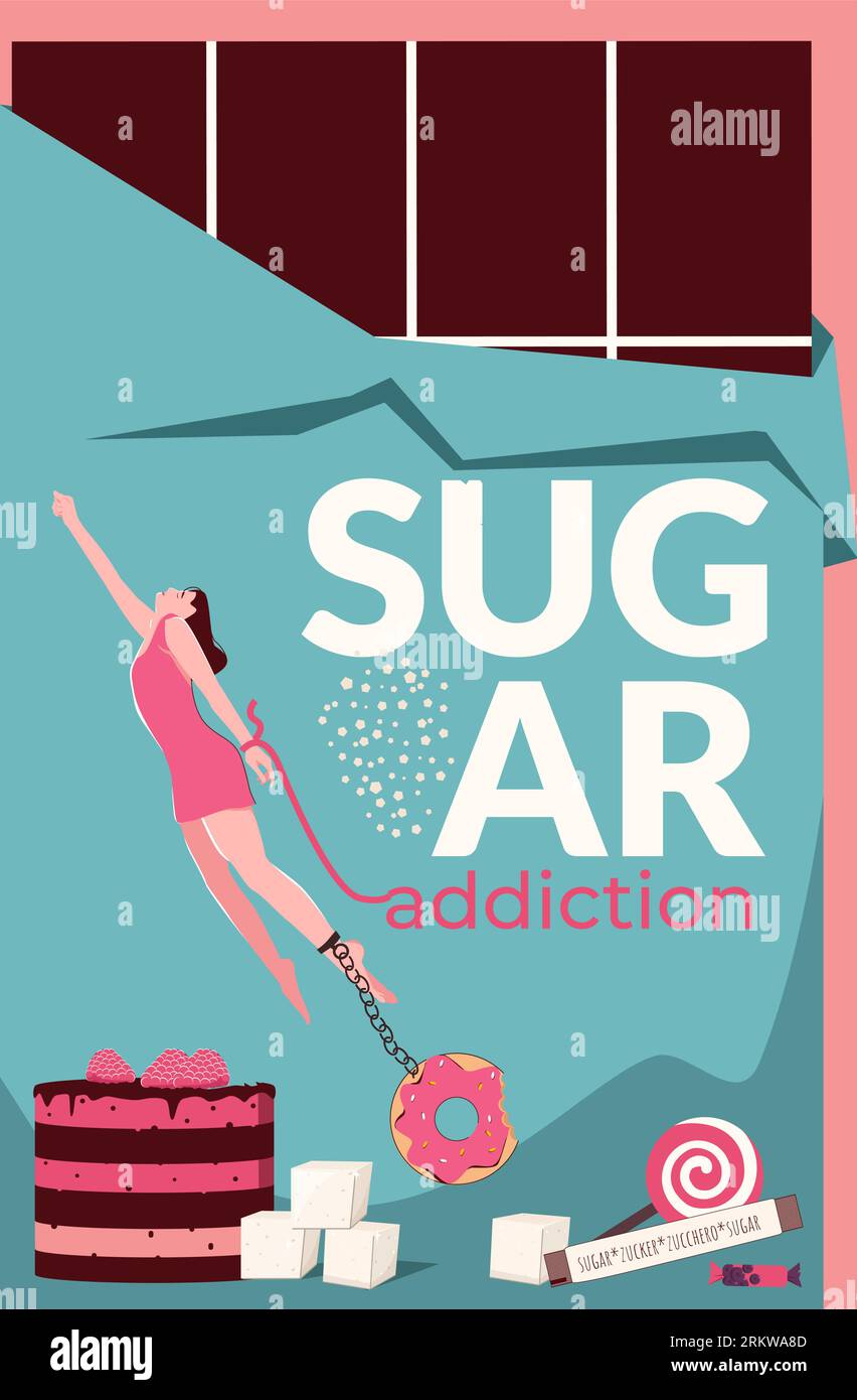 Sugar addiction flat vertical collage with woman chained to donut eager ...