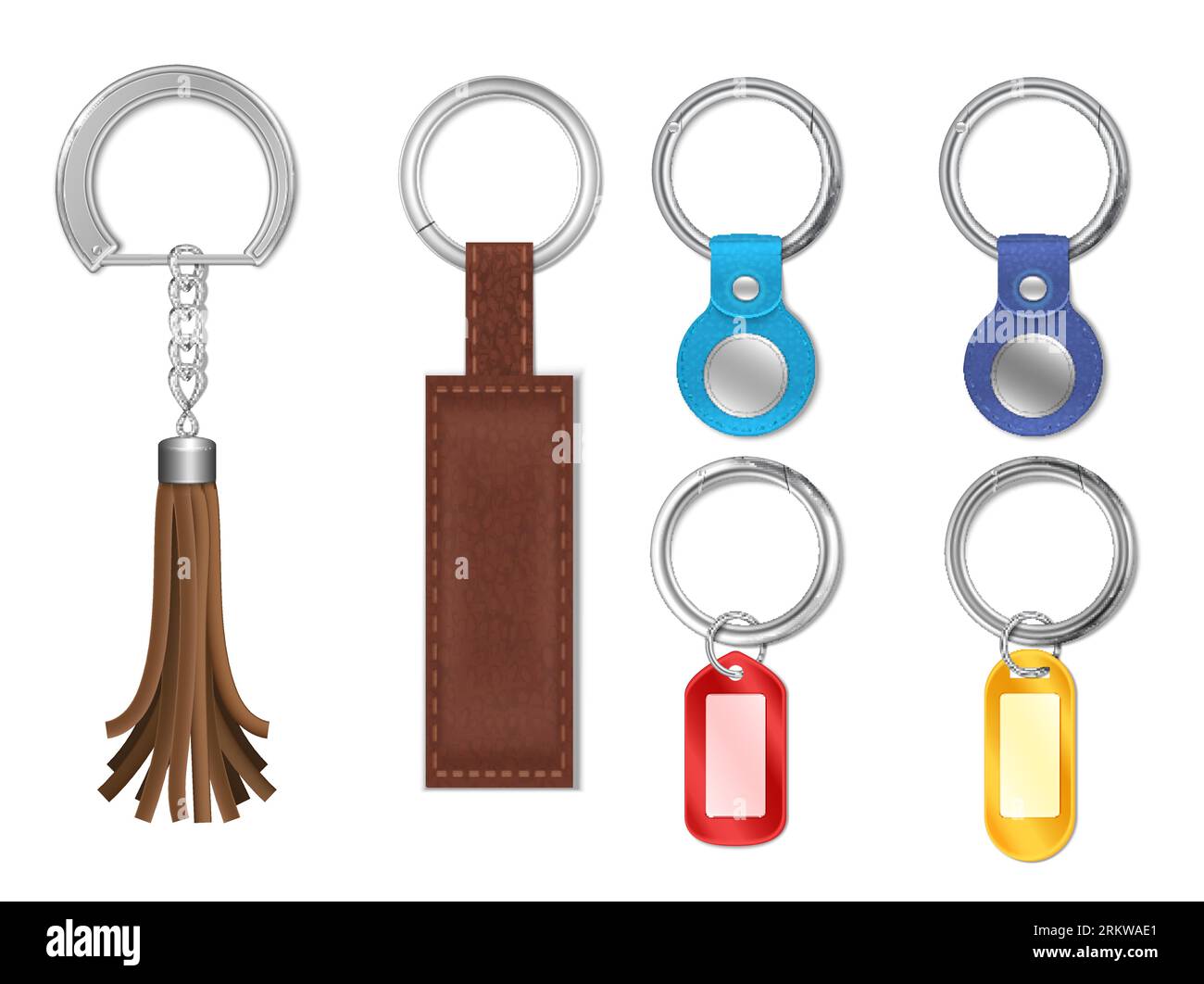 Realistic set of silver metal keyrings with various leather and plastic ...