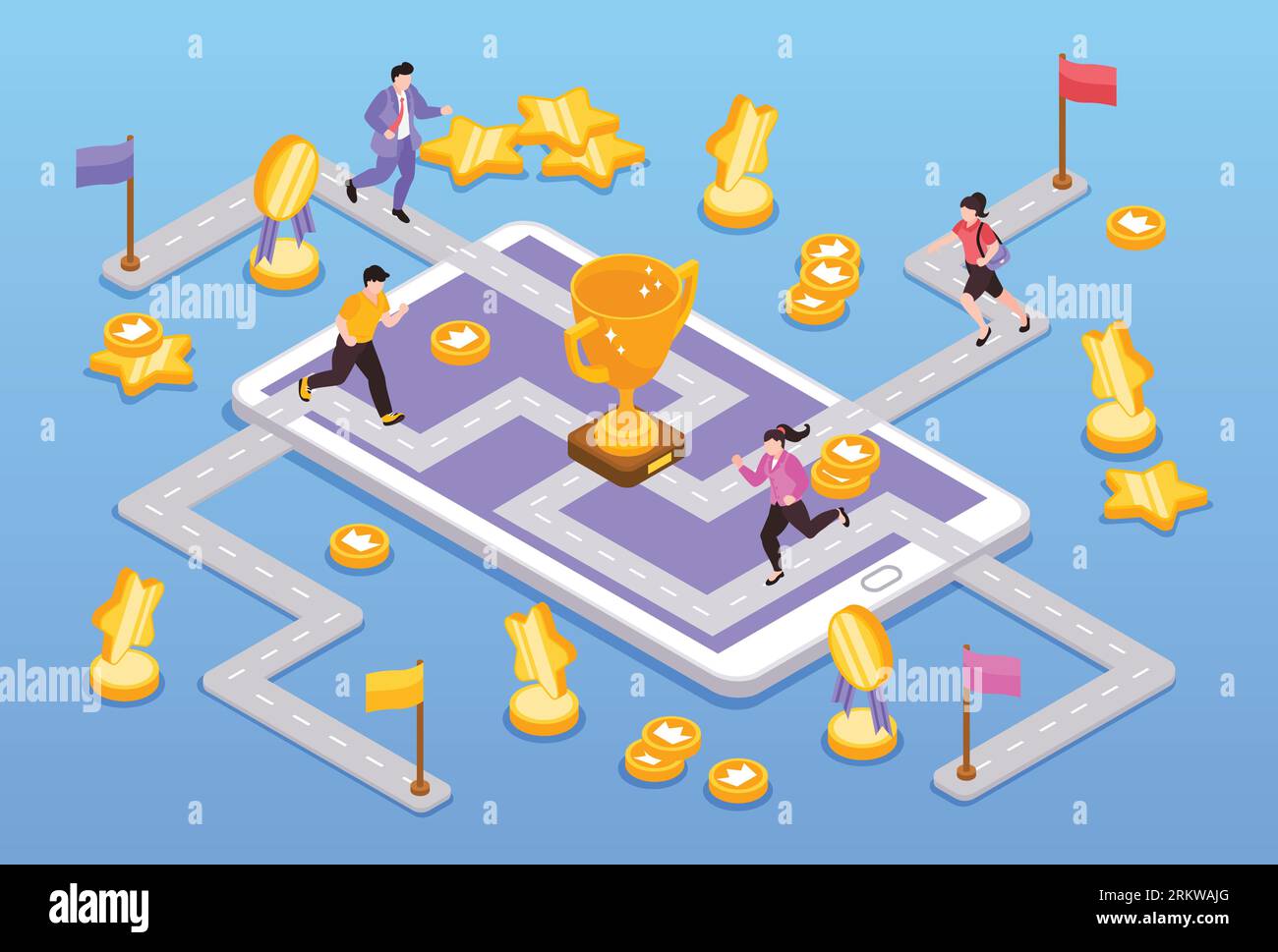 Gamification game strategy in business and education process isometric concept with adult people ...