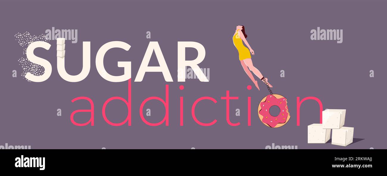 Sugar addiction flat horizontal banner with female character chained to ...