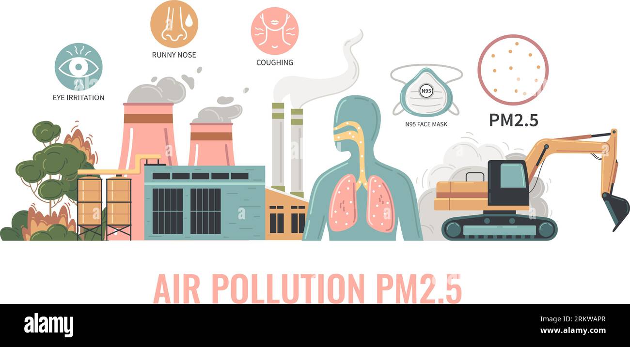 Air pollution pm2.5 particles flat infographics with composition of round icons images of ...